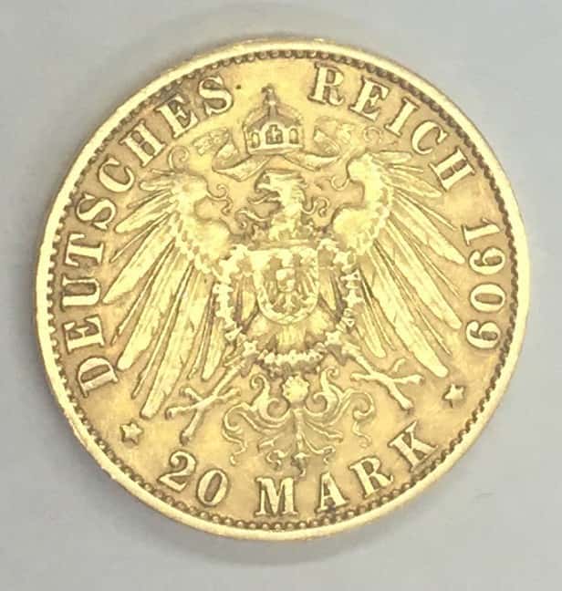 1909 20 Mark German Prussia Gold Coin