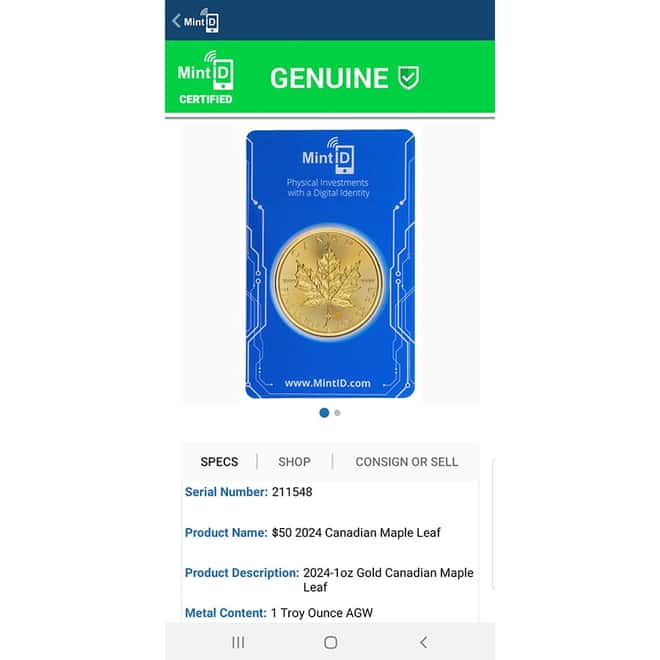 2024 1 oz Canadian Gold Maple Leaf BU (MintID NFC Scan Card)