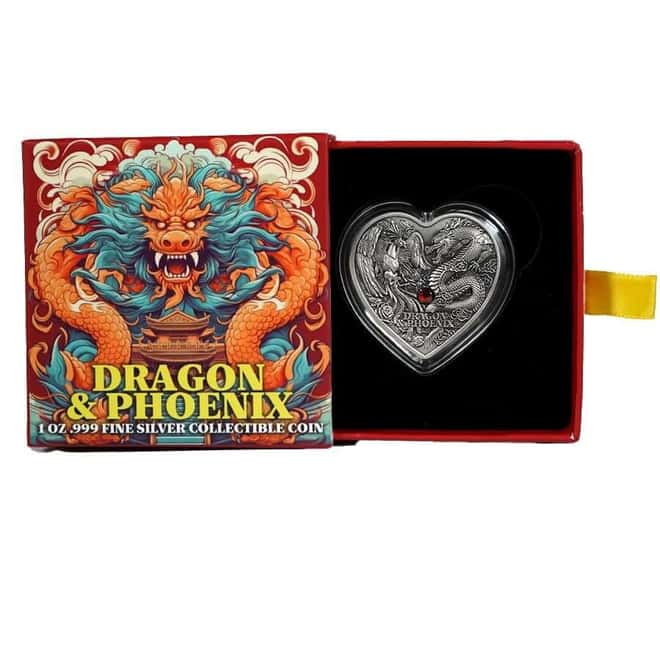 2024 Chad 1 oz Silver Dragon and Phoenix Heart-Shaped Coin