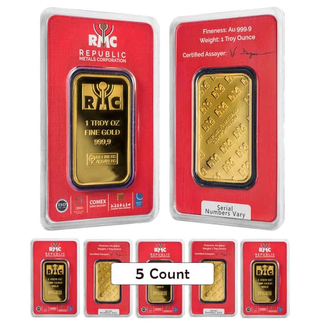 Lot of 5 - 1 oz Republic Metals (RMC) Gold Bar In Assay