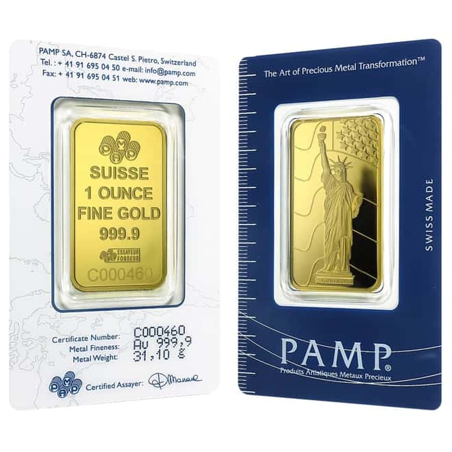 1 oz PAMP Gold Bar - Statue of Liberty | Bullion Exchanges