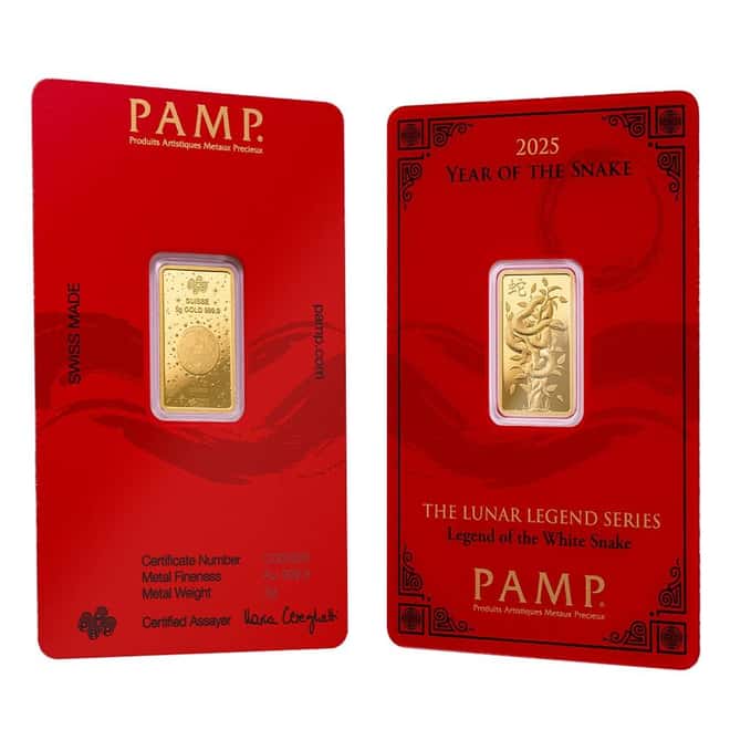 2025 5 Gram PAMP Suisse Lunar White Snake Gold Bar in Assay