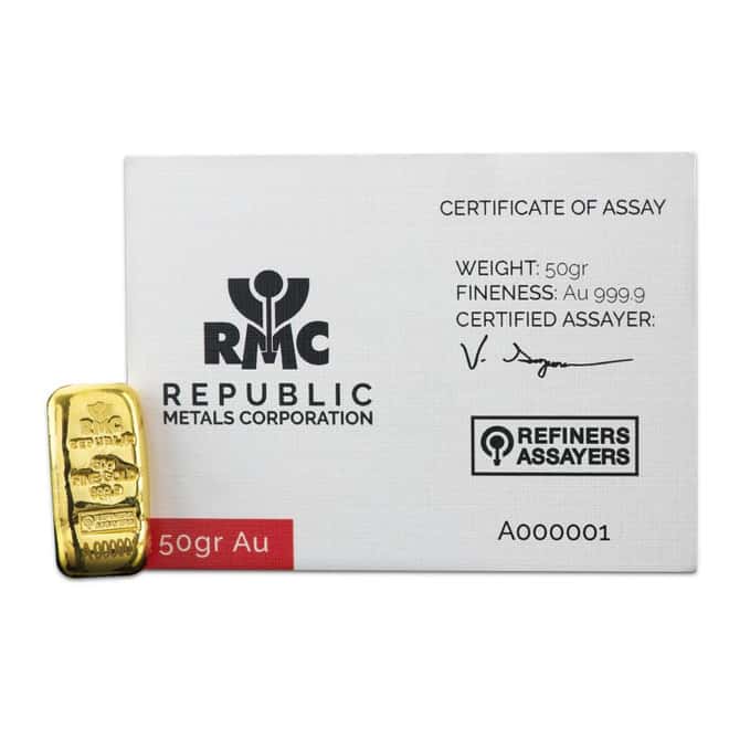 50 gram Republic Metals (RMC) Gold Bar .9999 | Bullion Exchanges