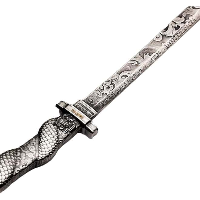 2024 2 oz Chad Antiqued Katana Sword Shaped Silver Coin