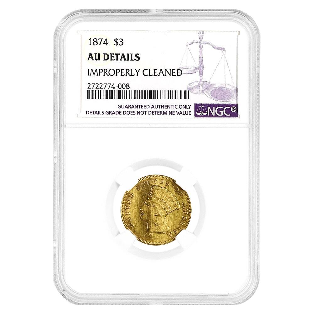 1874 $3 Indian Princess Head Gold Coin NGC AU Details