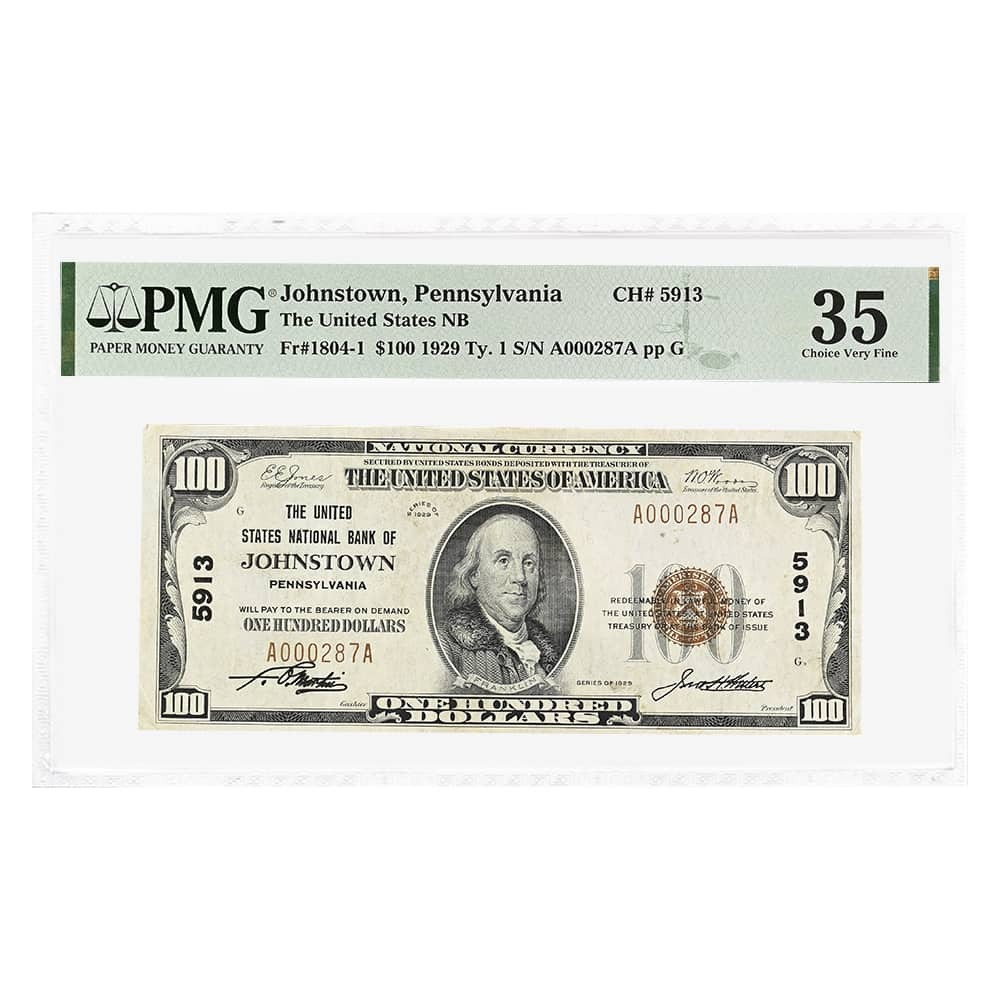 1929 $100 US National Currency Note Pennsylvania PMG VF 35