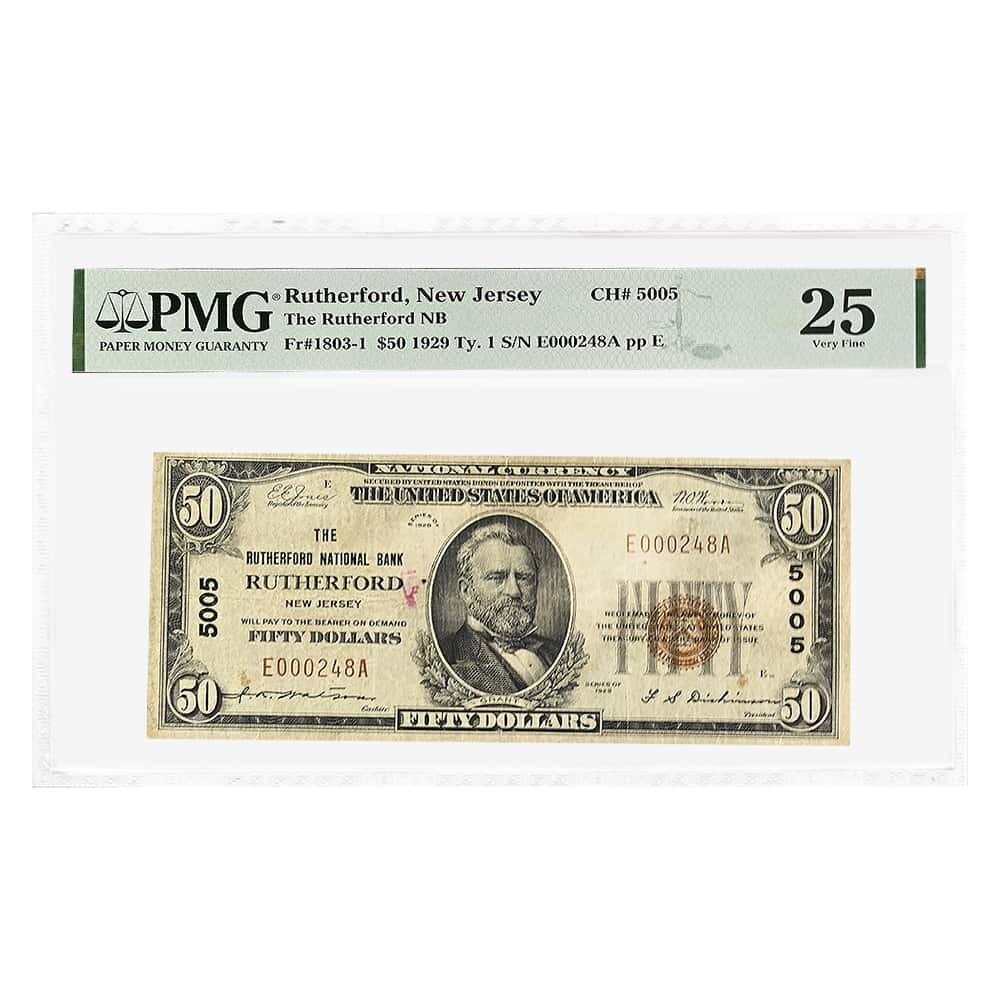 1929 $50 US National Currency Note Rutherford, NJ PMG VF 25