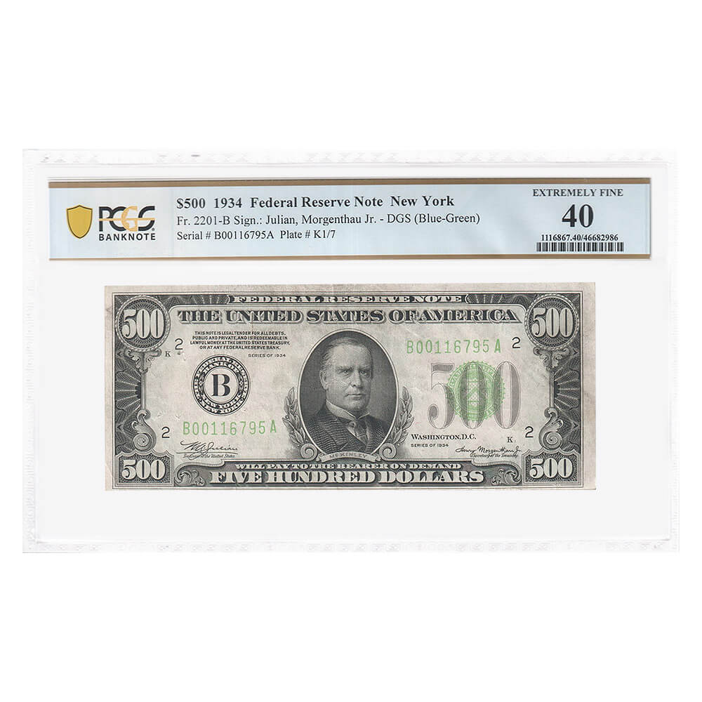 1934 $500 Federal Reserve Currency Note New York PCGS XF 40