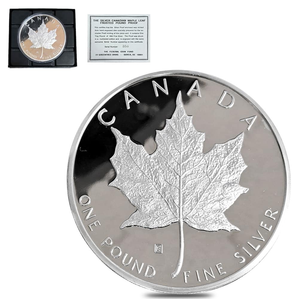 1990 12 oz Frosted Proof Canadian Silver Maple Leaf Round