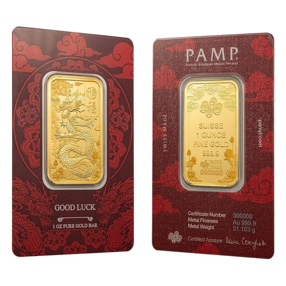 1 oz PAMP Suisse Good Luck Yellow Dragon Gold Bar .9999 Fine
