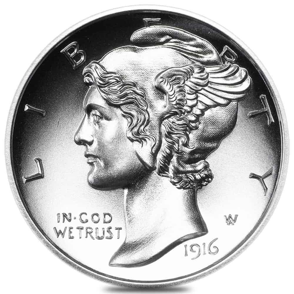 2 oz Mercury Dime Design High Relief Silver Round .999 Fine