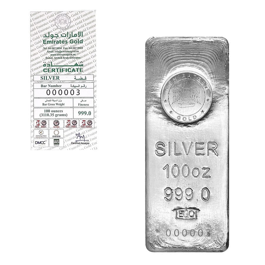 100 oz Emirates Gold Silver Cast Bar Serial #3 .999 Fine