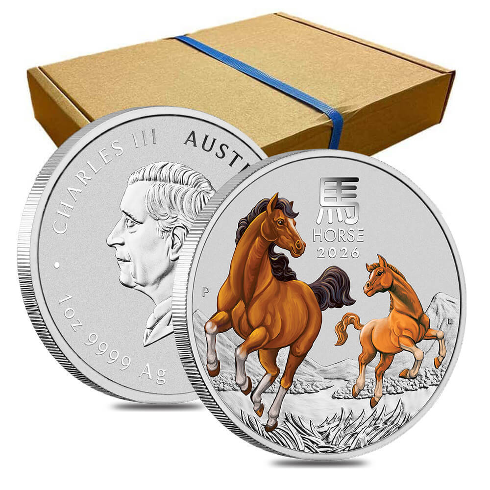 Box of 100-2026 1 oz Colorized Silver Lunar Horse Perth Mint