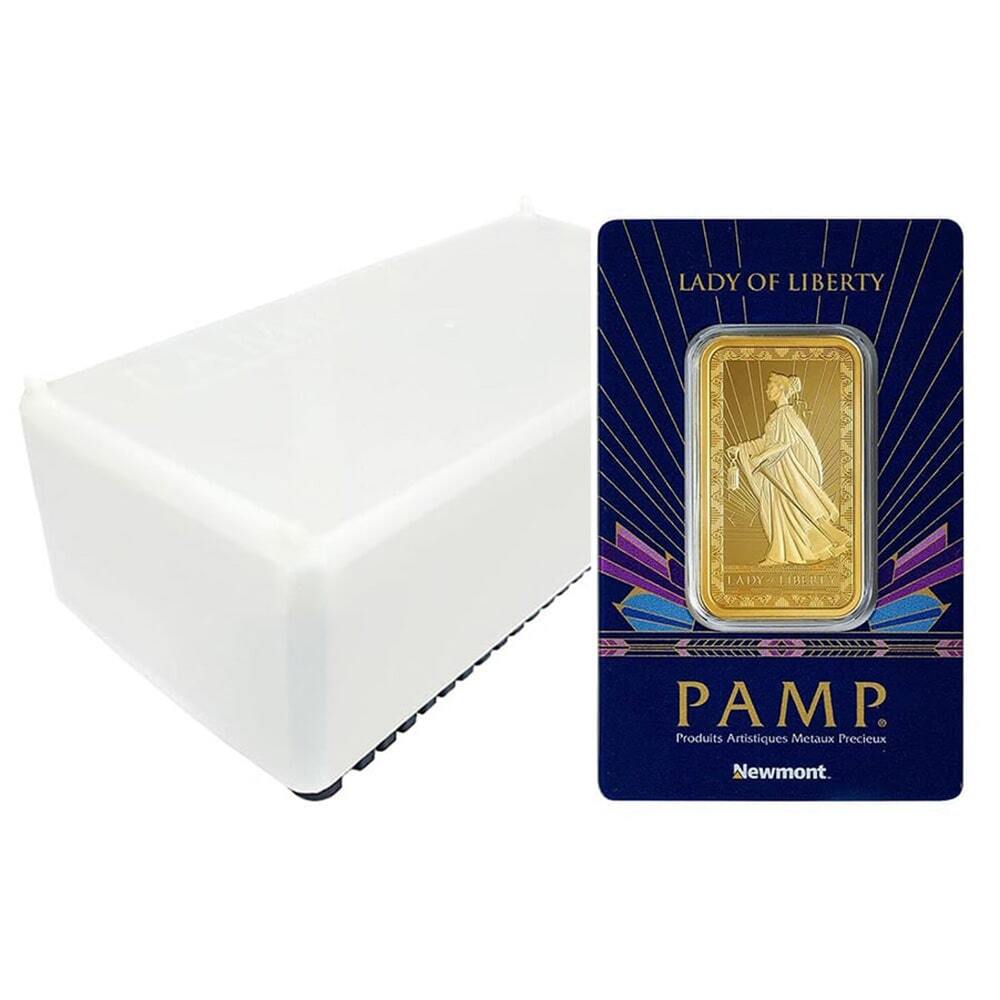 Box of 25 1 oz PAMP/Newmont Lady of Liberty Gold Bar (in Assay)