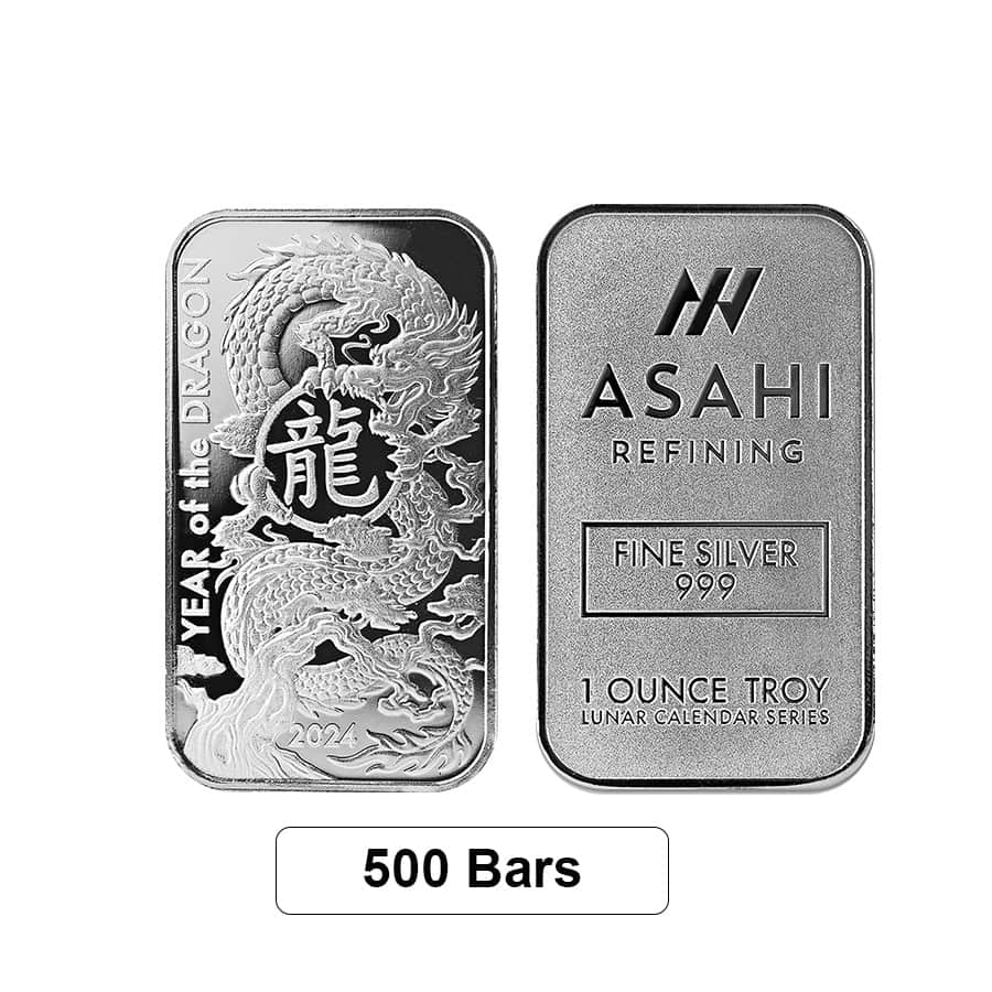 Box of 500 - 2024 1 oz Asahi Lunar Dragon Silver Bar .999 Fine