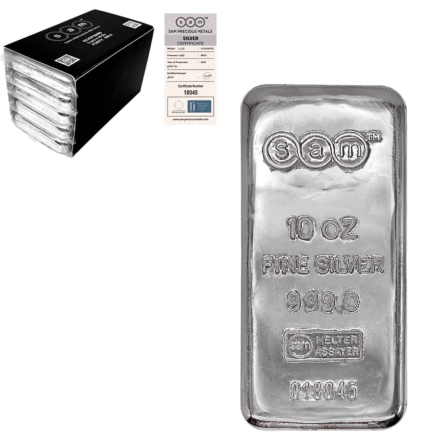 Lot of 5 - 10 oz SAM Precious Metals Silver Cast Bar .999 Fine