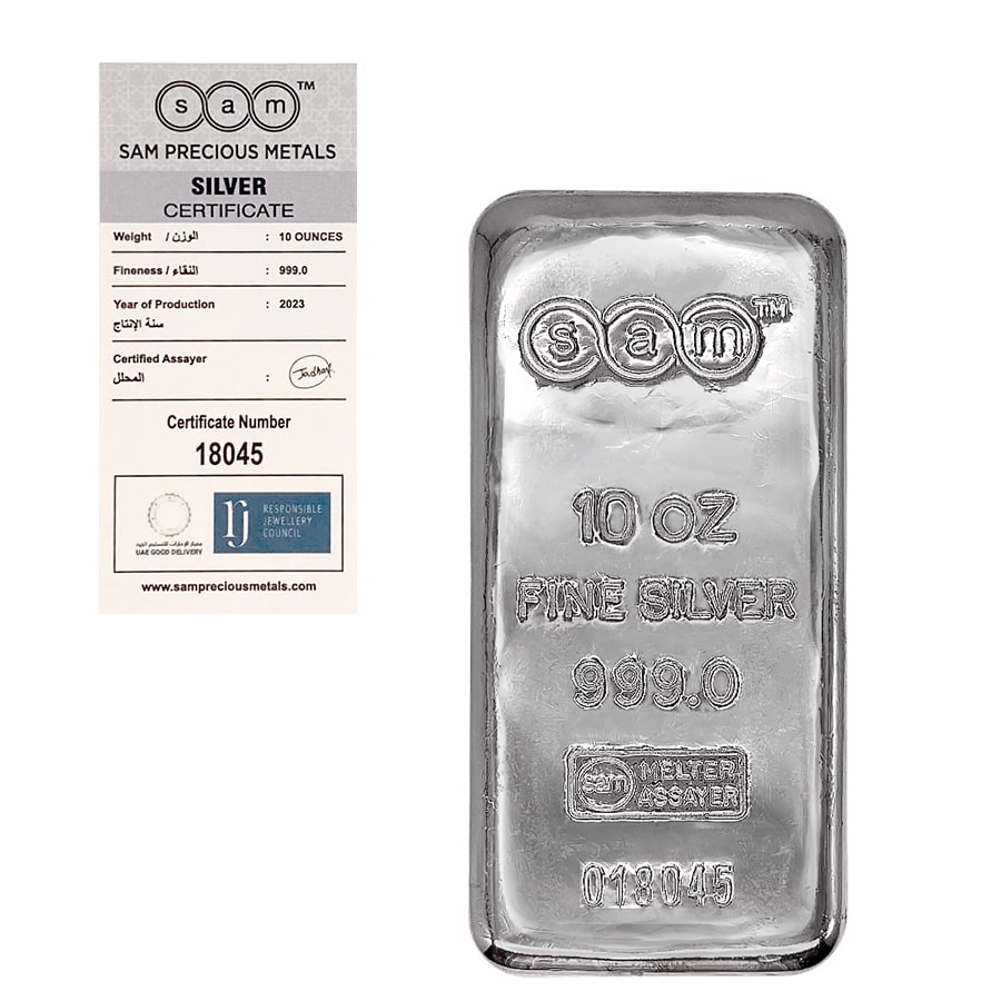 10 oz SAM Precious Metals Silver Cast Bar .999 Fine
