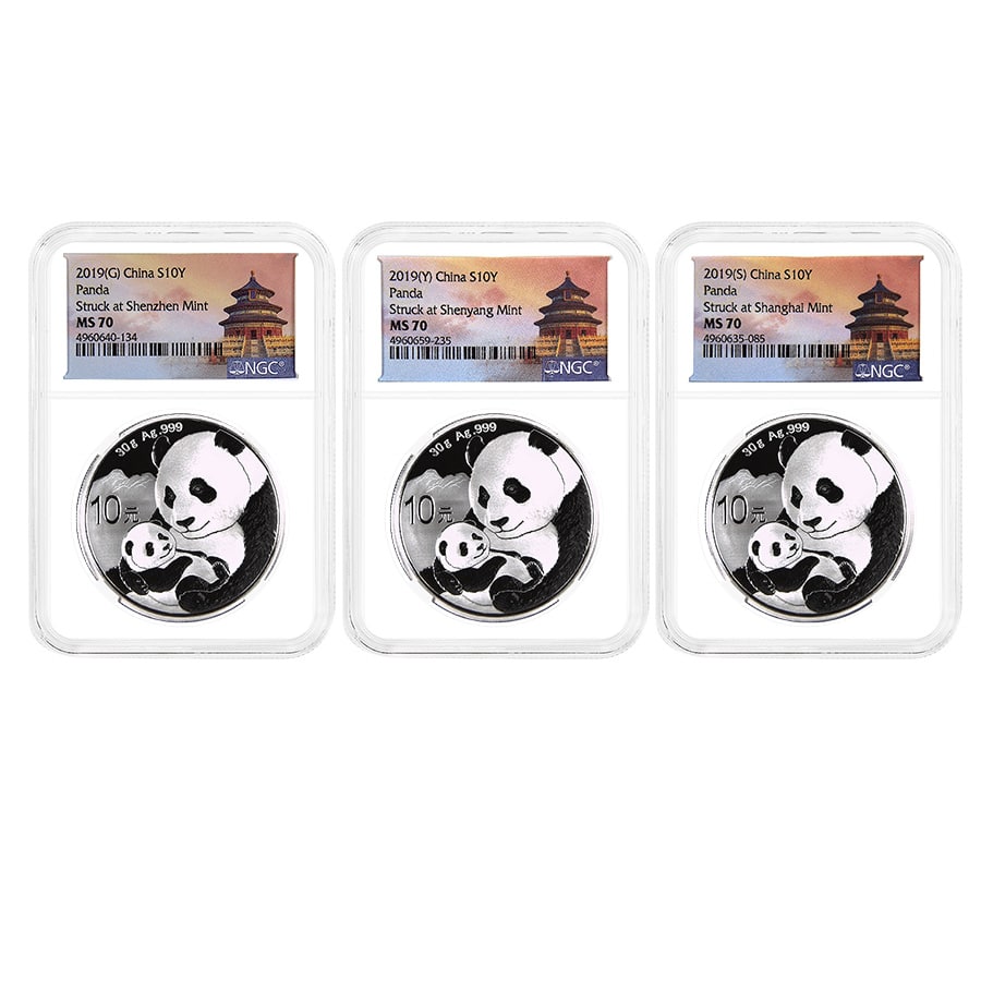 2019 China 30 gram Silver Panda 3-Coin Set NGC MS 70
