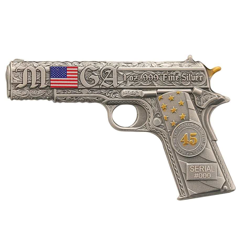1 oz Silver Gun Shaped Don .45 Caliber Pistol Antiqued