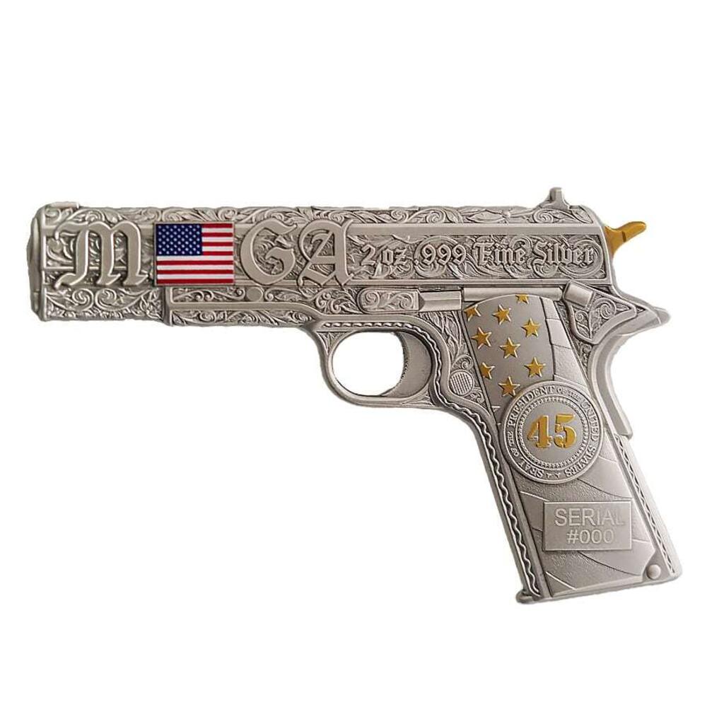 2 oz Silver Gun Shaped .45 Caliber Pistol Antiqued