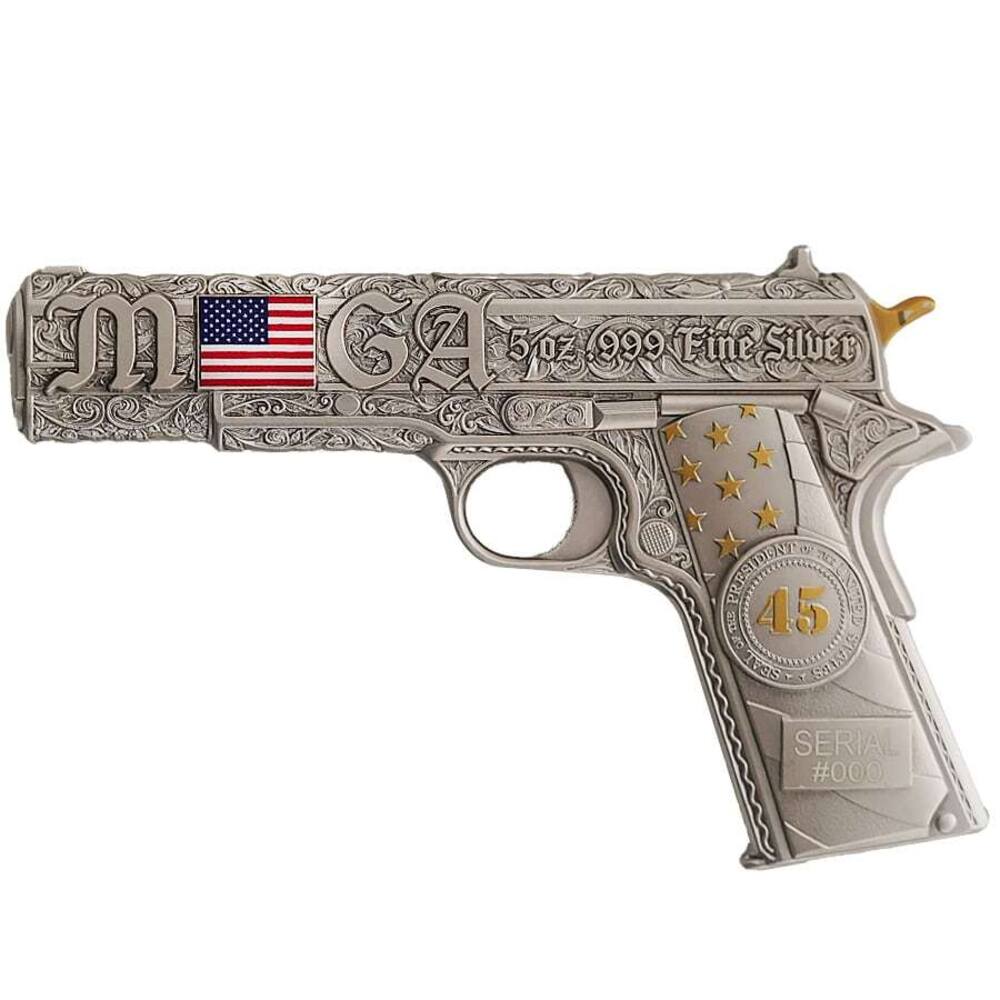 5 oz Silver Gun Shaped .45 Caliber Pistol Antiqued