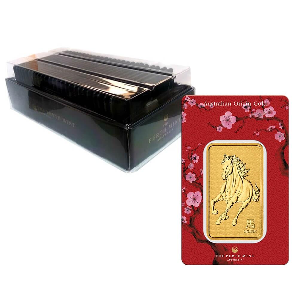 Box of 25 - 1 oz Perth Mint Lunar Horse Gold Bar (in Assay)