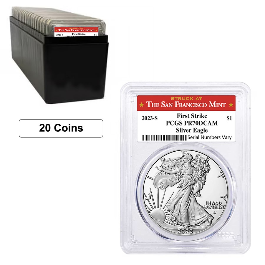 Box of 20 2023-S 1 oz Proof Silver Eagle PCGS PF 70 FS SF Label