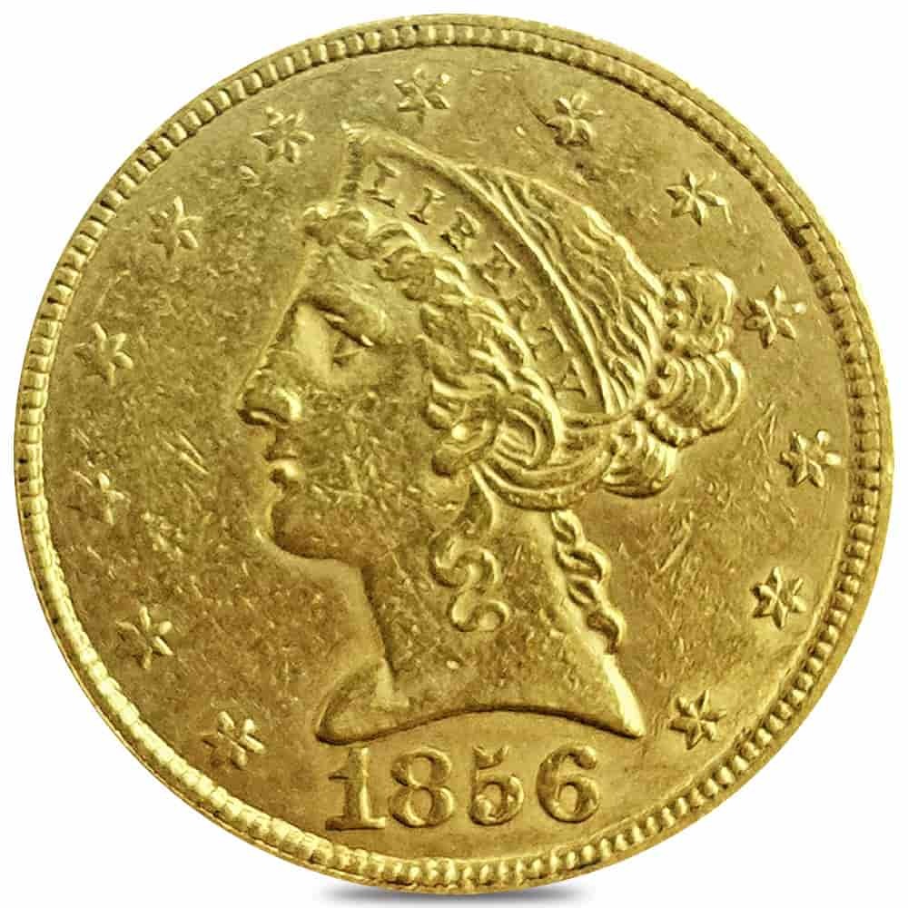 1856 $5 Liberty Head Half Eagle Gold Coin AU (Cleaned)