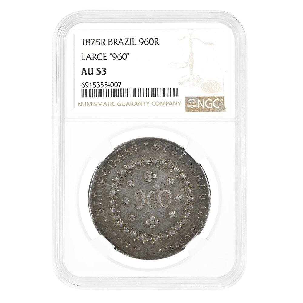 1825 R Brazil 960 Reis Silver Coin Large "960" NGC AU 53