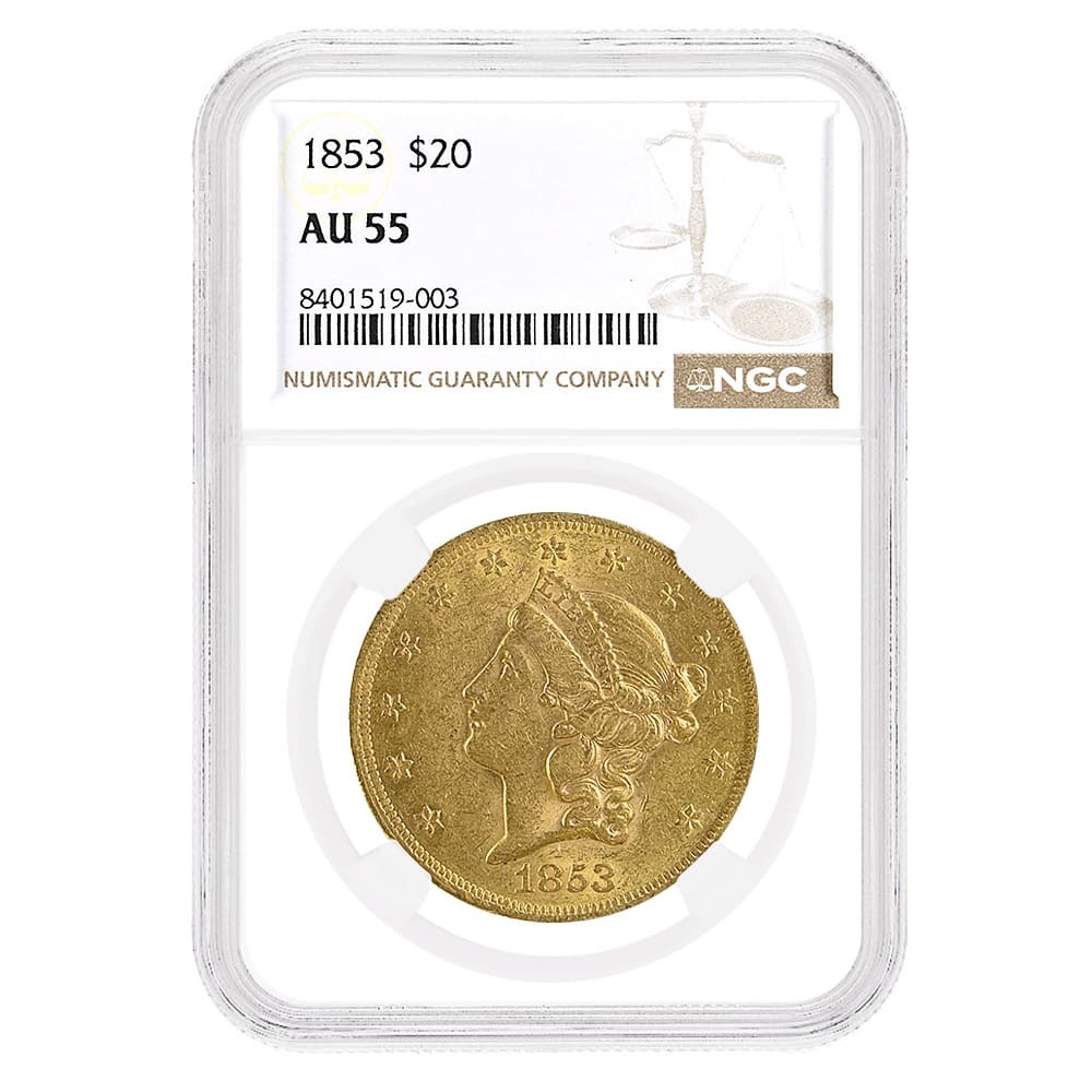 1853 $20 Liberty Head Double Eagle Gold Coin NGC AU 55