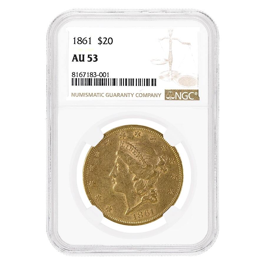 1861 $20 Liberty Head Double Eagle Gold Coin NGC AU 53