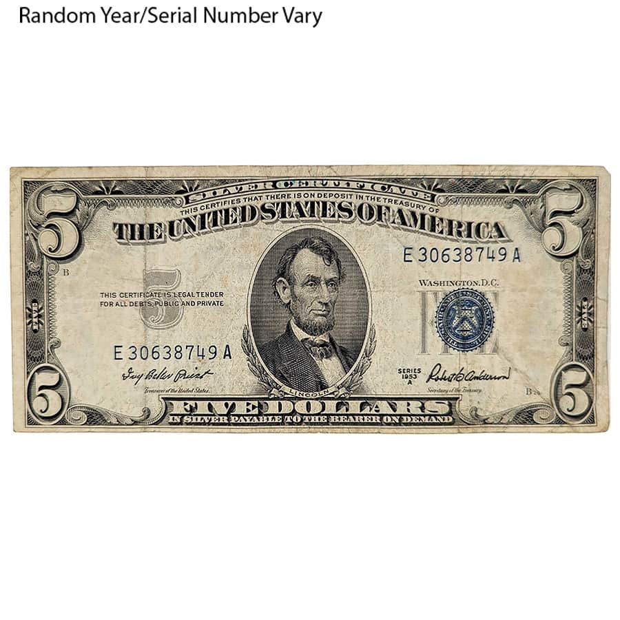 $5 Silver Certificate Currency Note Avg Circ (Random Year)