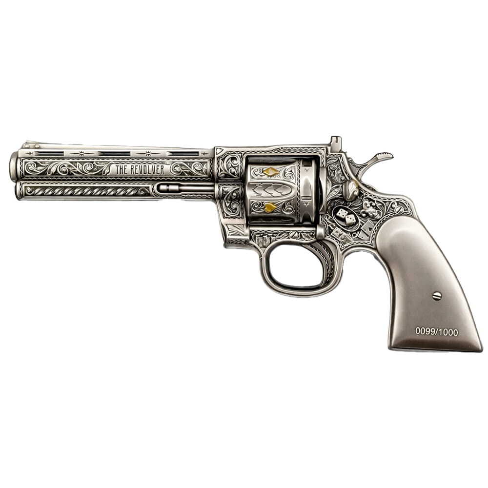 5 oz Silver Revolver Gun Shaped Antiqued High Relief