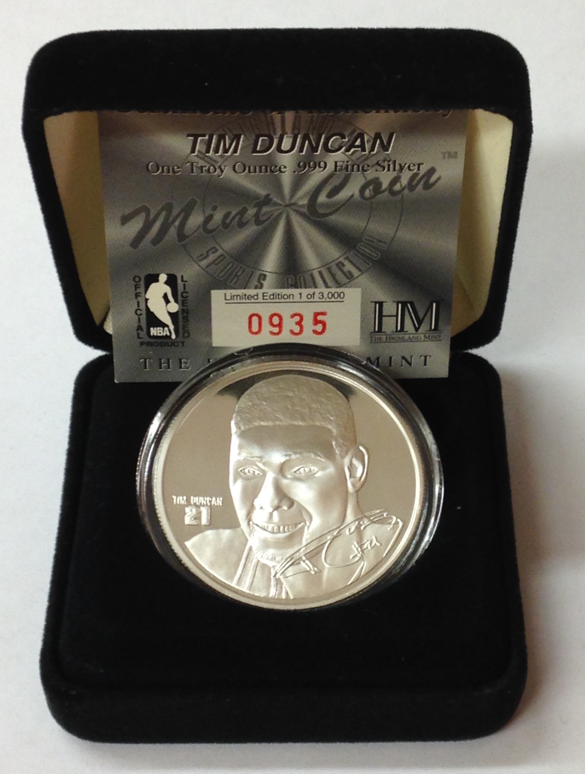 Tim Duncan Highland Mint 1 oz .999 Fine Silver Limited Edition