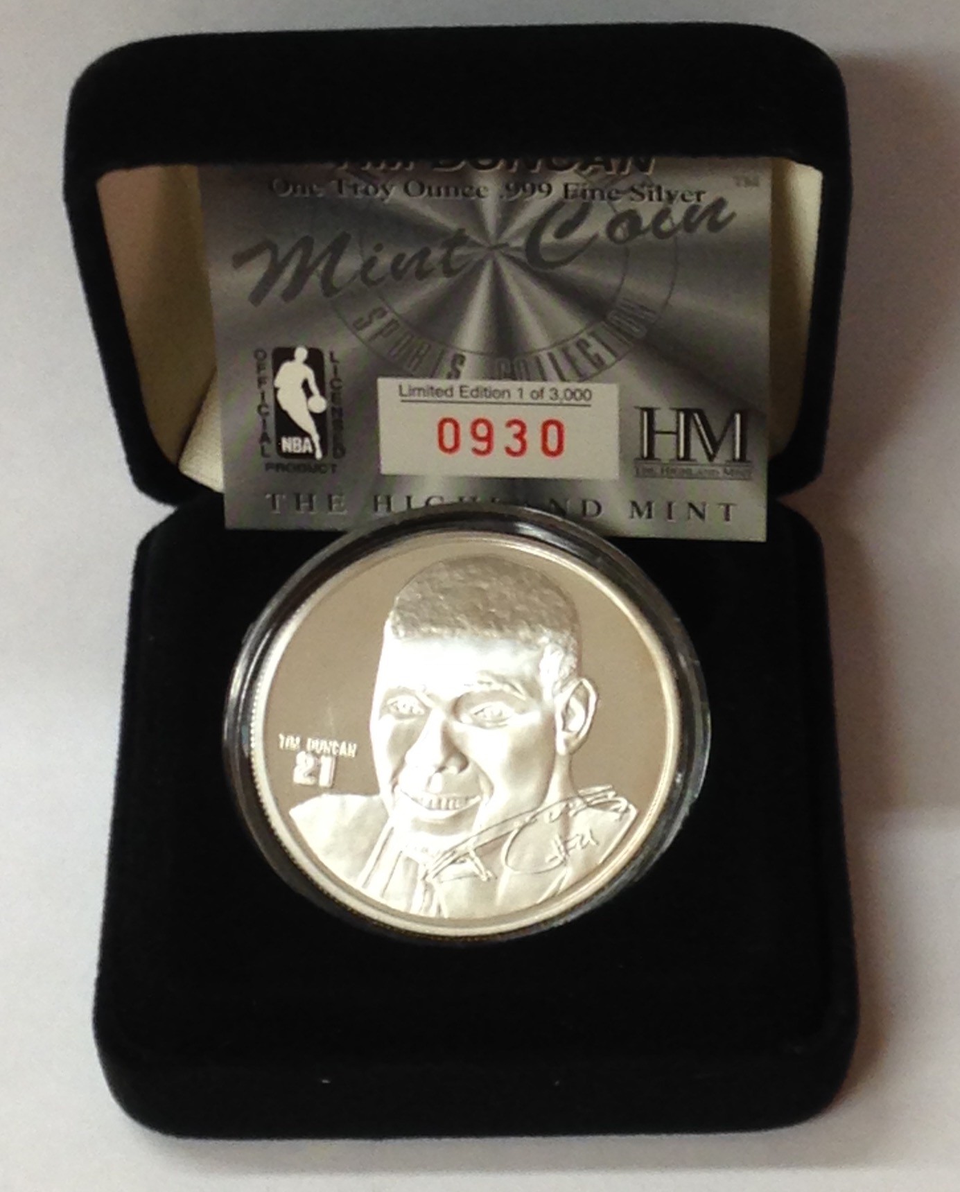 Tim Duncan Highland Mint 1 oz .999 Fine Silver Limited Edition