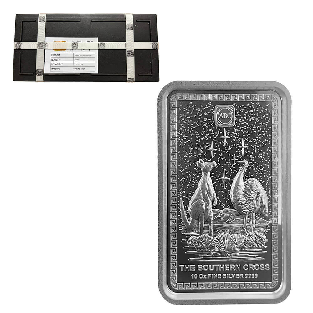 Box 10 oz ABC Refinery Southern Cross Silver Bar High Relief