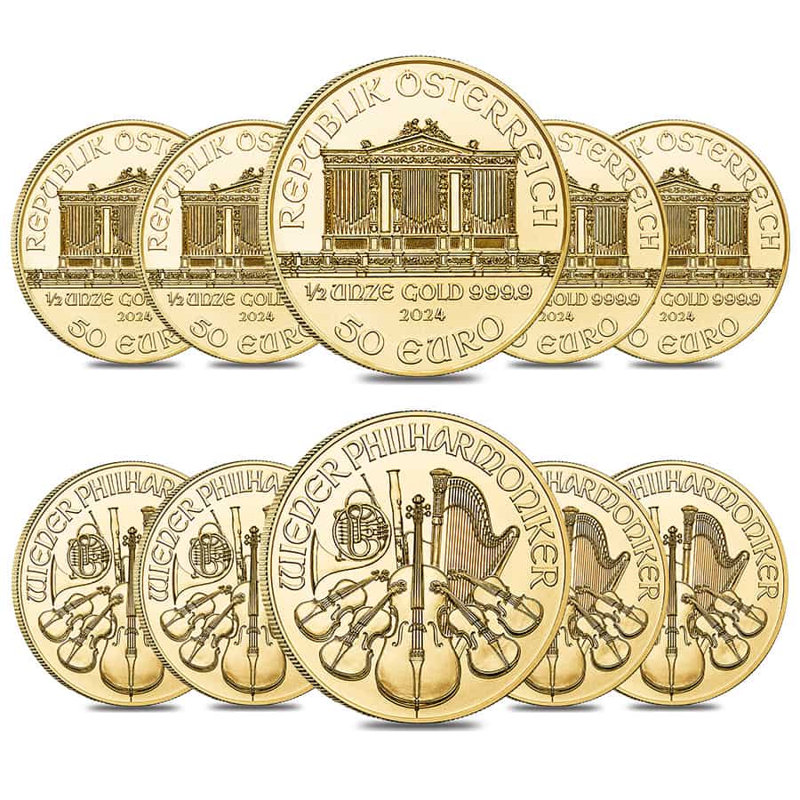 Tube of 10 - 2024 1/2 oz Austrian Gold Philharmonic Coin BU