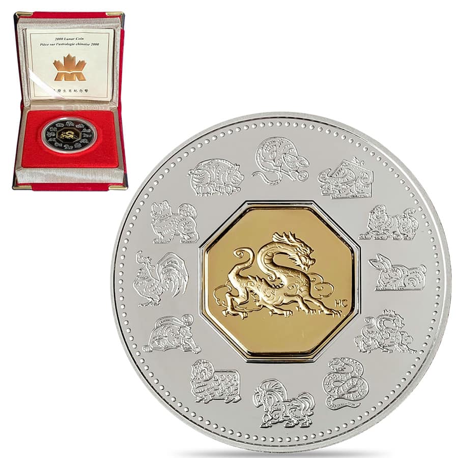 2000 Canada 1 oz Gilded Lunar Year of the Dragon Silver Coin