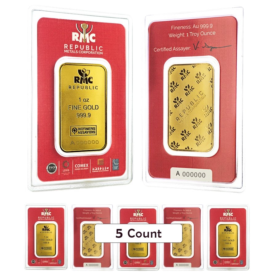 Lot of 5 - 1 oz Republic Metals (RMC) Gold Bar In Assay